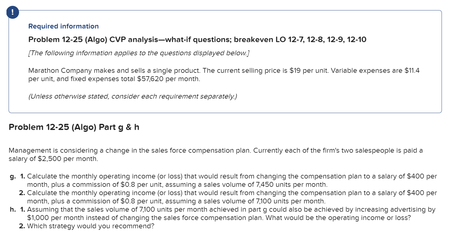 Solved Required information Problem 12-25 (Algo) CVP | Chegg.com