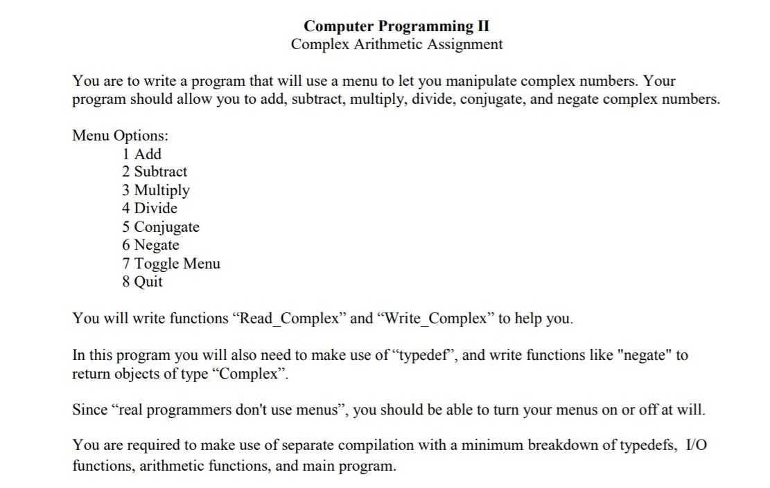 Computer Programming II Complex Arithmetic Assignment | Chegg.com