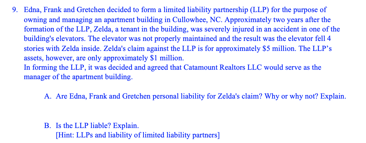 Solved 9. Edna, Frank and Gretchen decided to form a limited | Chegg.com
