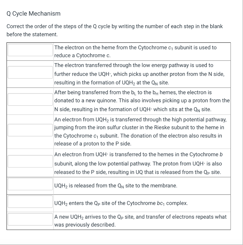 Q Cycle Mechanism Correct the order of the steps of | Chegg.com