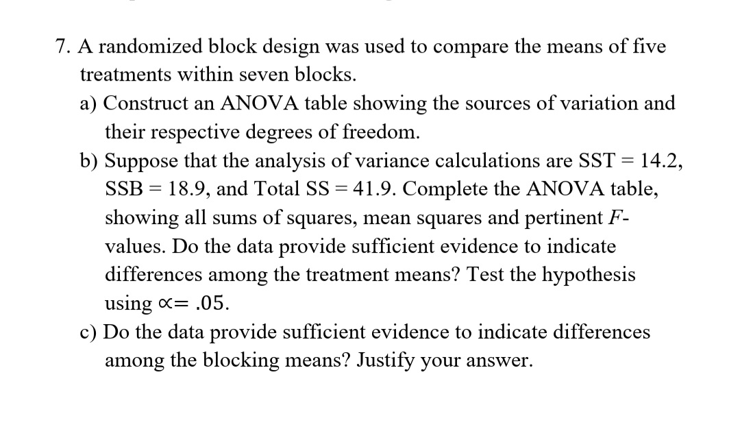 Solved A randomized block design was used to compare the | Chegg.com