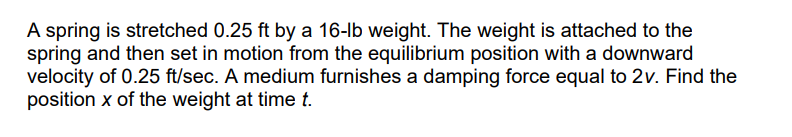 Solved A spring is stretched 0.25ft by a 16 -Ib weight. The | Chegg.com