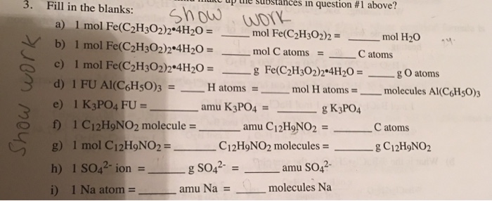 Solved Fill in blanks: a) 1 mol Fe(C_2H_3O_2)_2 middot 4 | Chegg.com