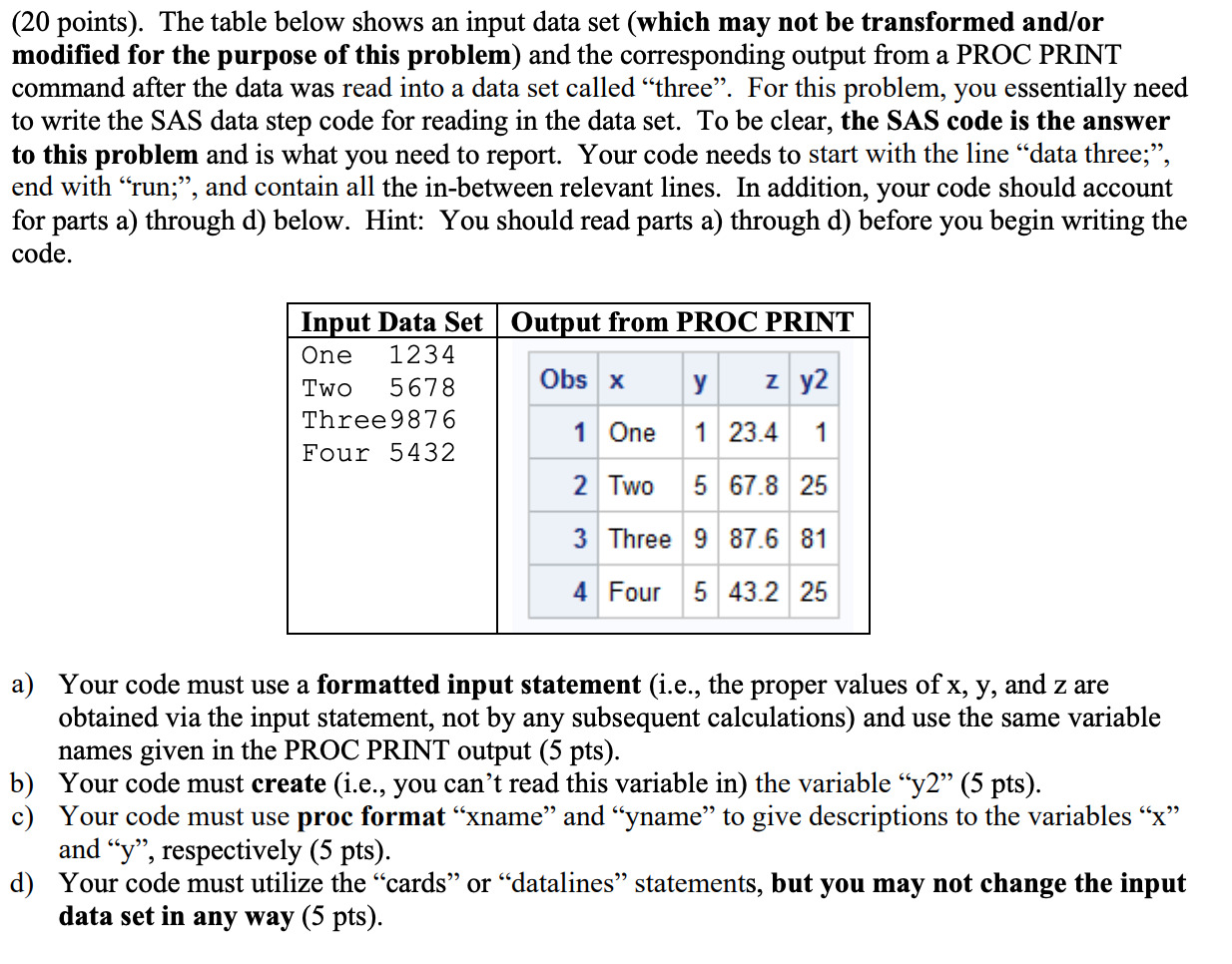 ( 20 points). The table below shows an input data set | Chegg.com