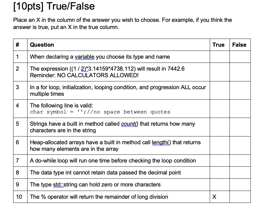 Solved [10pts] True/False Place an X in the column of the | Chegg.com