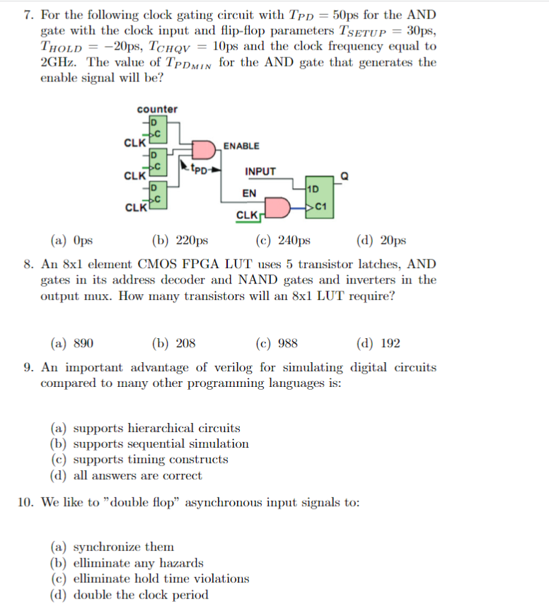 Solved 7. For the following clock gating circuit with Tpd = | Chegg.com