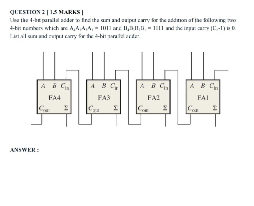 Solved QUESTION 2 [ 1.5 MARKS Use the 4-bit parallel adder | Chegg.com