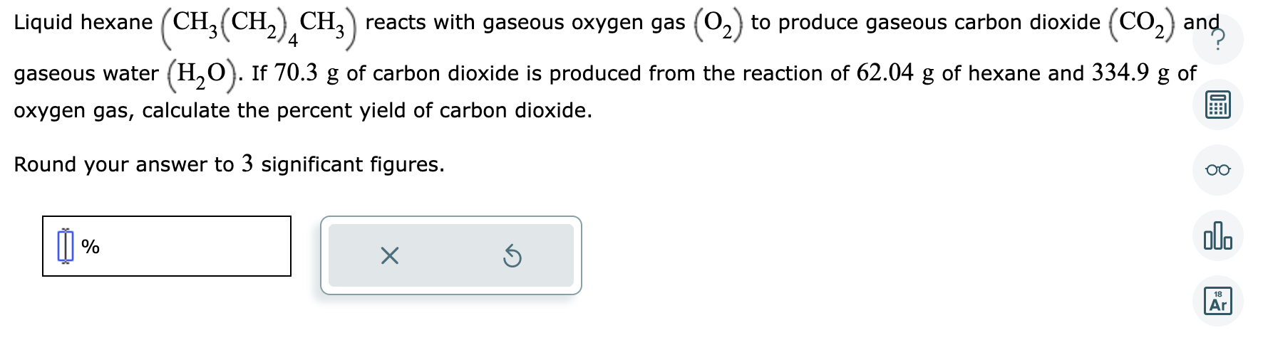 Solved Liquid hexane (CH3(CH2)4CH3) reacts with gaseous | Chegg.com
