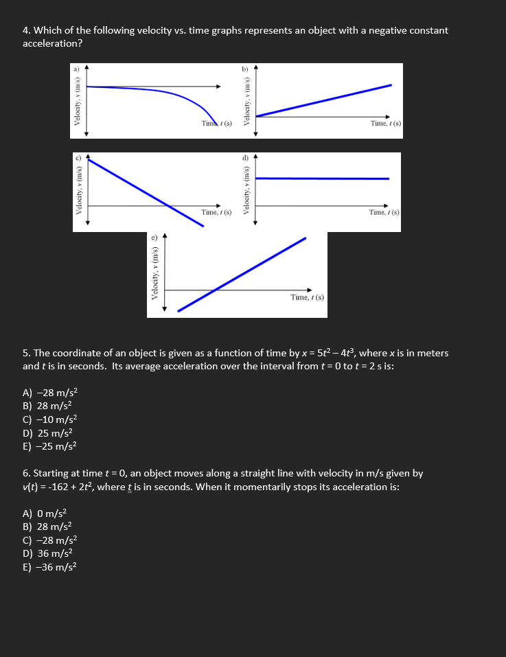 Solved 4 Which Of The Following Velocity Vs Time Graphs