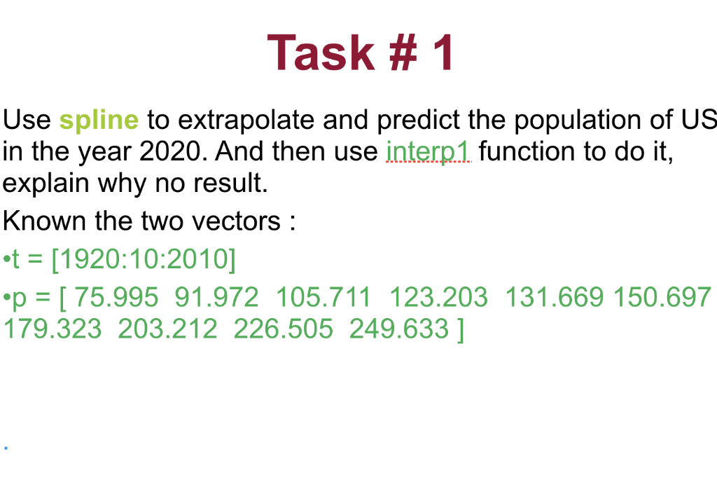 Solved Task # 1 Use spline to extrapolate and predict the | Chegg.com