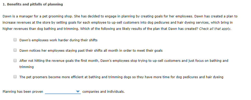 Solved 1. Benefits and pitfalls of planning Dawn is a | Chegg.com