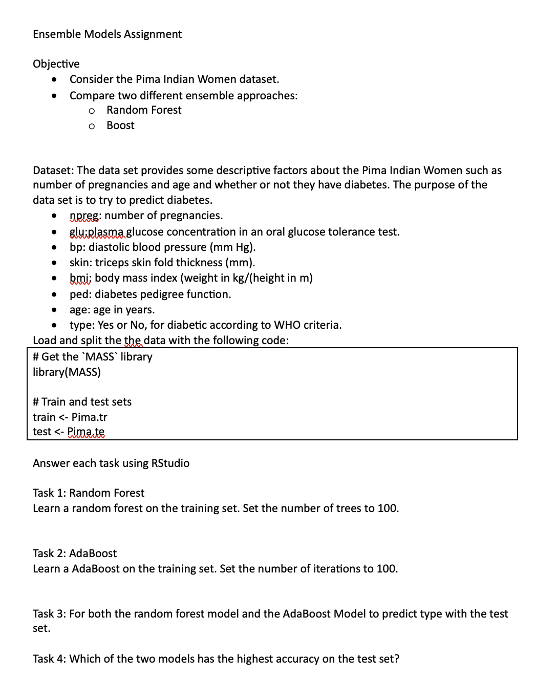 Solved Ensemble Models AssignmentObjectiveConsider the Pima | Chegg.com
