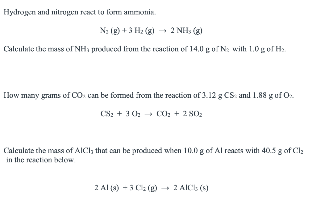 Solved Hydrogen and nitrogen react to form ammonia. N2 (g) + | Chegg.com