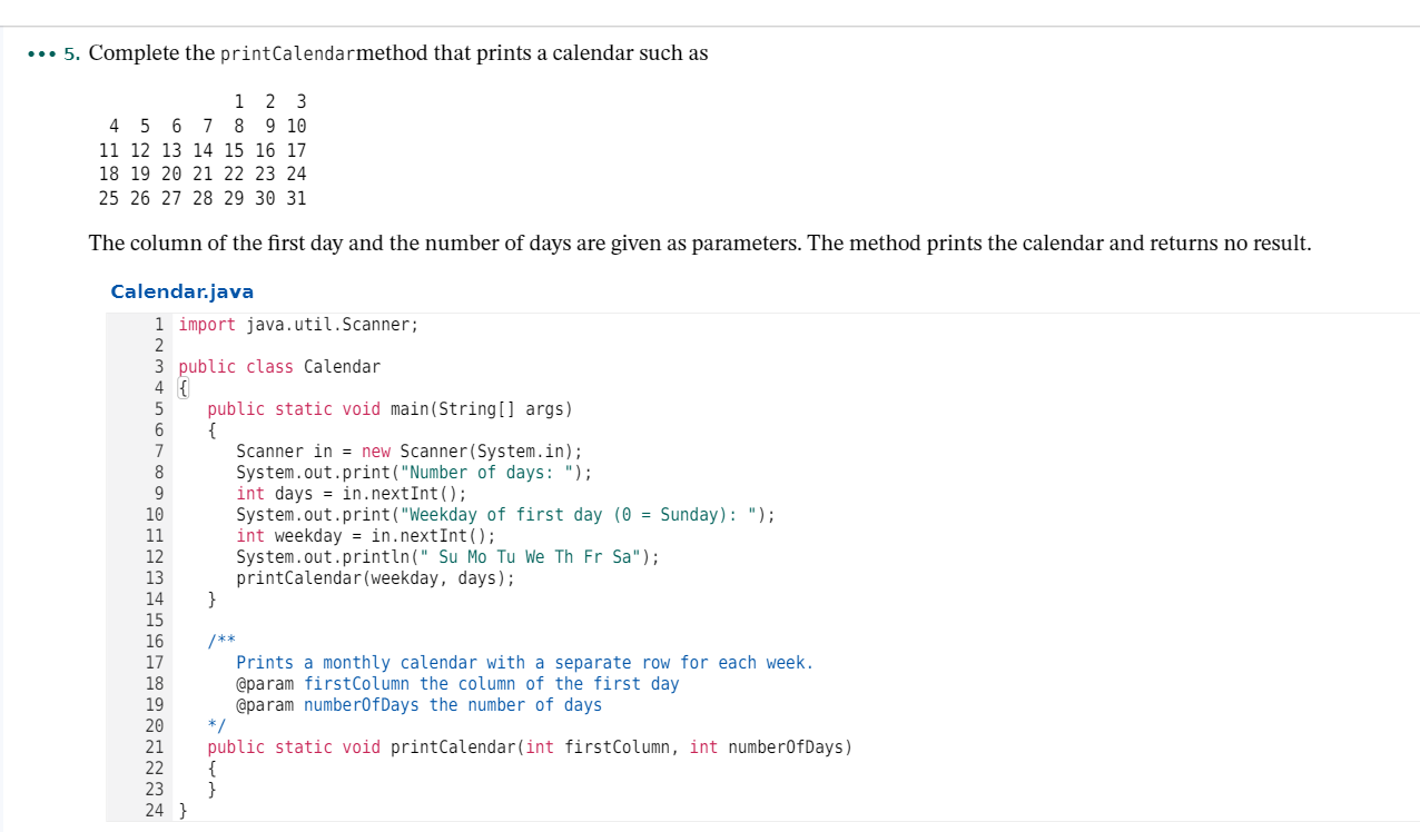 Solved ... 5. Complete the printCalendarmethod that prints a | Chegg.com