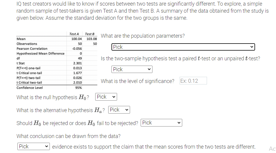 Solved IQ test creators would like to know if scores between | Chegg.com