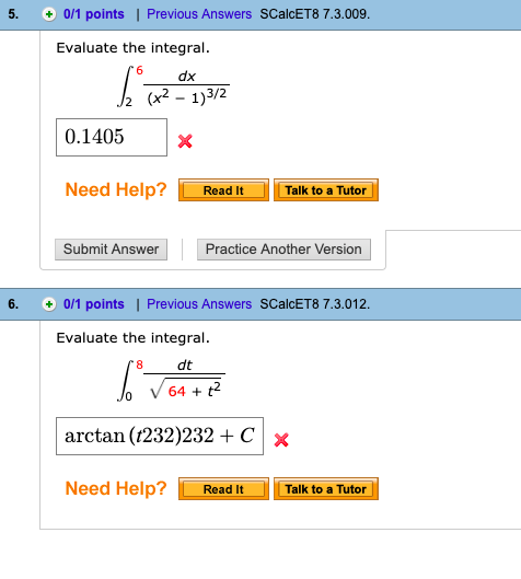 Solved 5. + 0/1 points Previous Answers SCalcET8 7.3.009. | Chegg.com