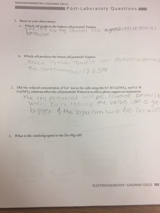 Solved EXPERIMENT 12 ELECTROCHEMISTRY: GALVANIC CELLS Report | Chegg.com