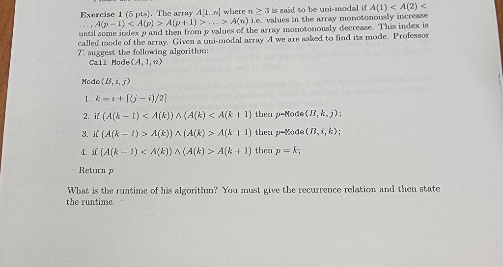 Solved Exercise 1 5 Pts The Array A 1n Where N 3 Is 