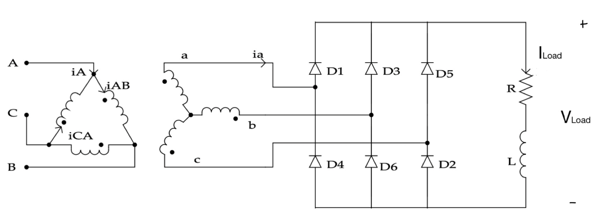 [Solved]: The three-phase full-wave rectifier circuit shown