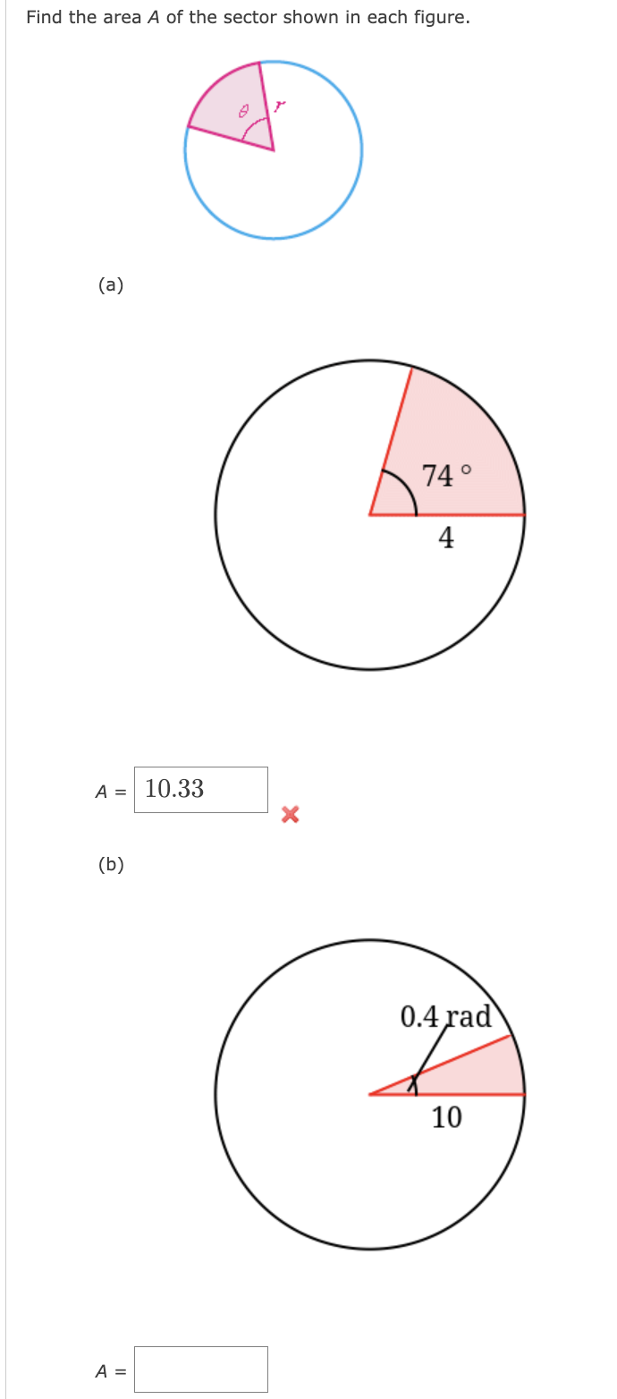 Solved Find the area A of the sector shown in each figure. | Chegg.com