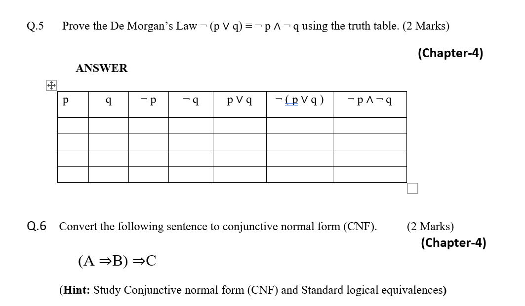 Solved Q.5 Prove the De Morgan's Law - (pVq)=-p1- q using | Chegg.com