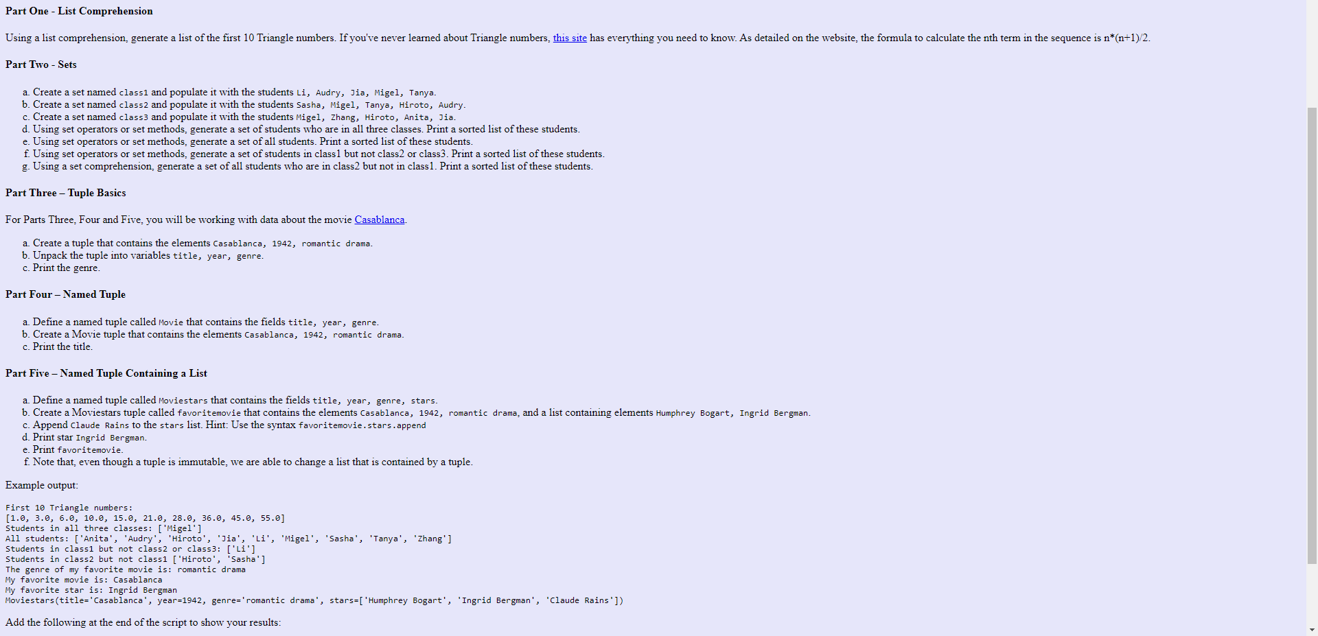 Solved Part Two - Sets a. Create a set named class1 and | Chegg.com