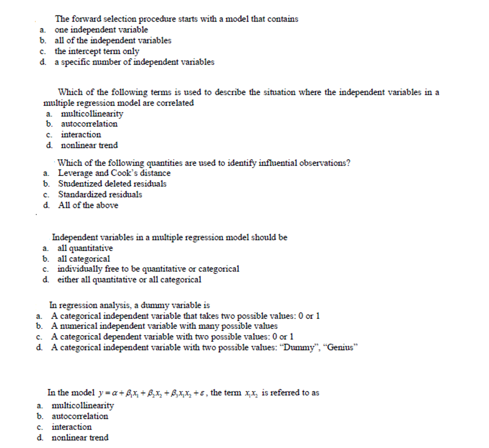 Solved The forward selection procedure starts with a model | Chegg.com