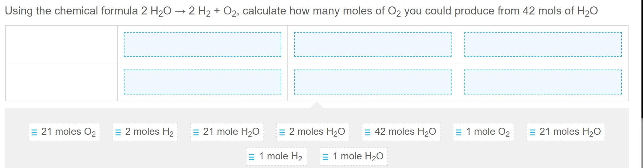 Solved Using the chemical formula 2 H2O → 2 H2 + O2, | Chegg.com