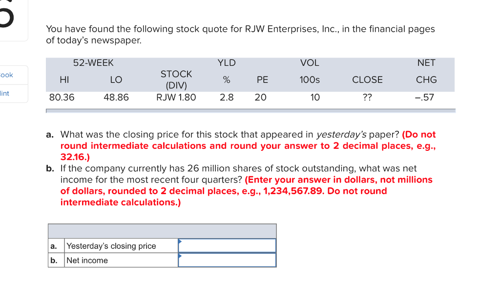 Solved You have found the following stock quote for RJW | Chegg.com