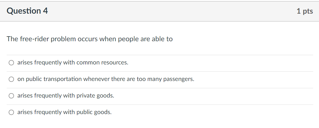Solved Question 4 1 pts The free-rider problem occurs when | Chegg.com