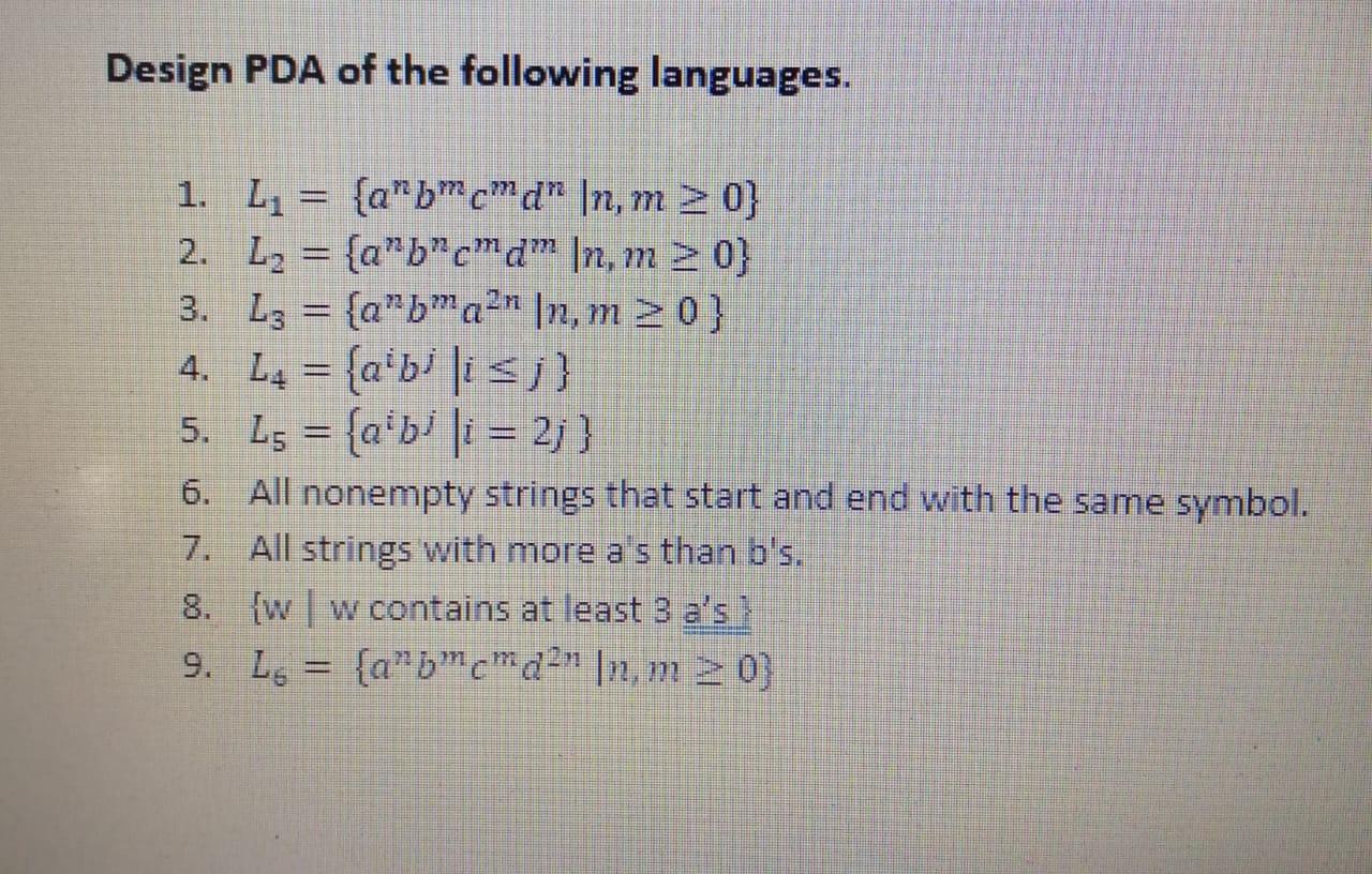 Solved Design PDA of the following languages. mm 1. L1 = {a" | Chegg.com