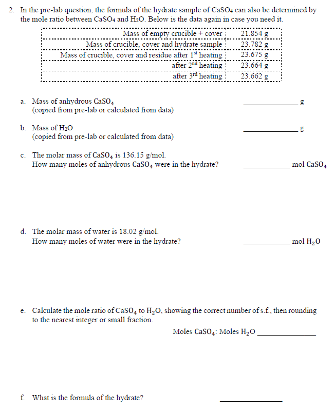Solved 2. In the pre-lab question, the formula of the | Chegg.com