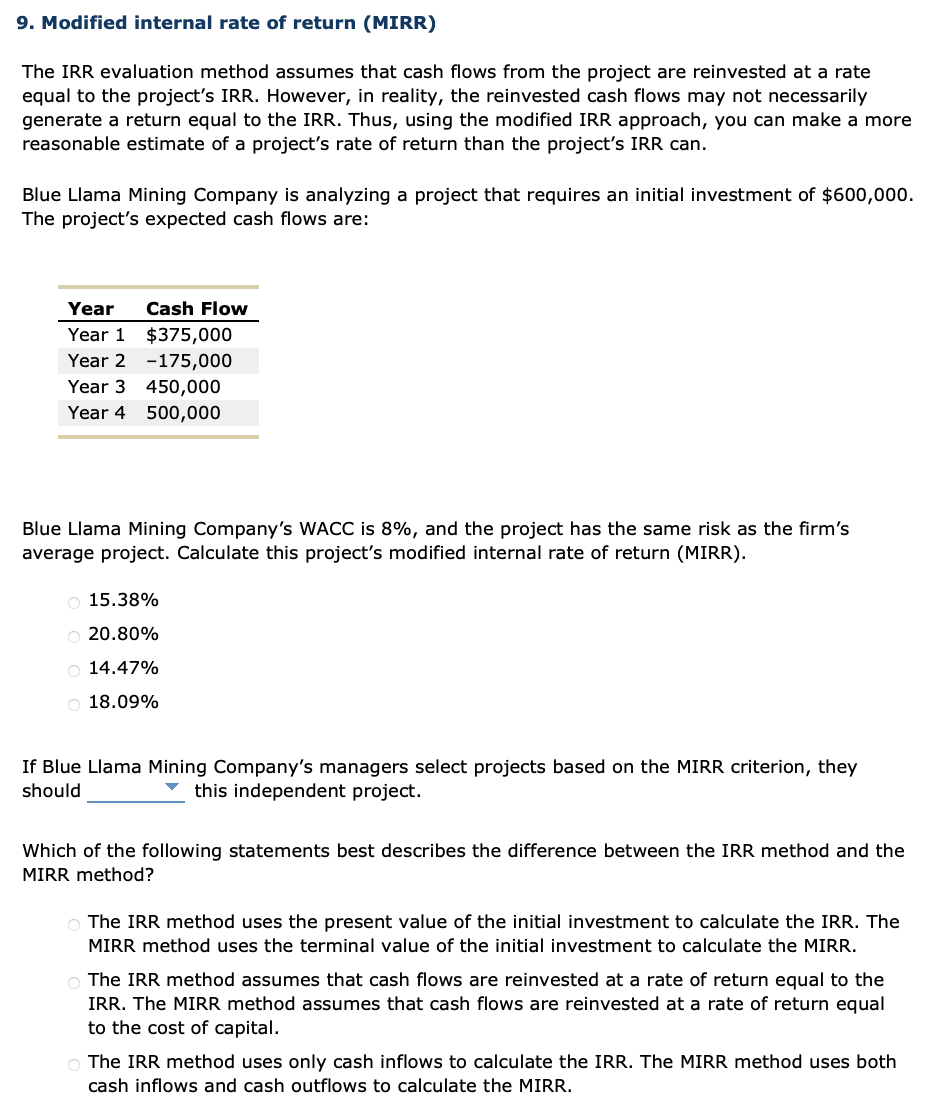 Solved Modified Internal Rate Of Return Mirr The Irr