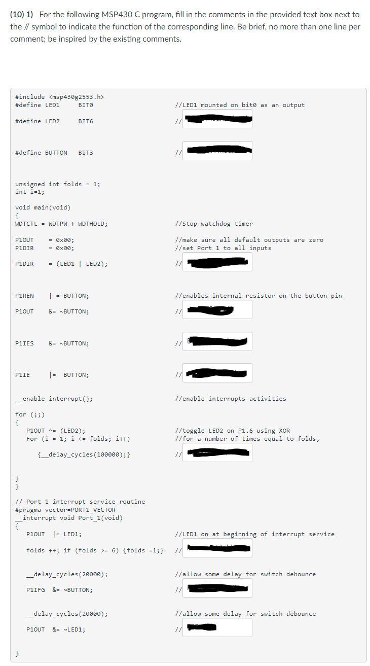 Solved 10 1 For The Following Msp430 C Program Fill In 