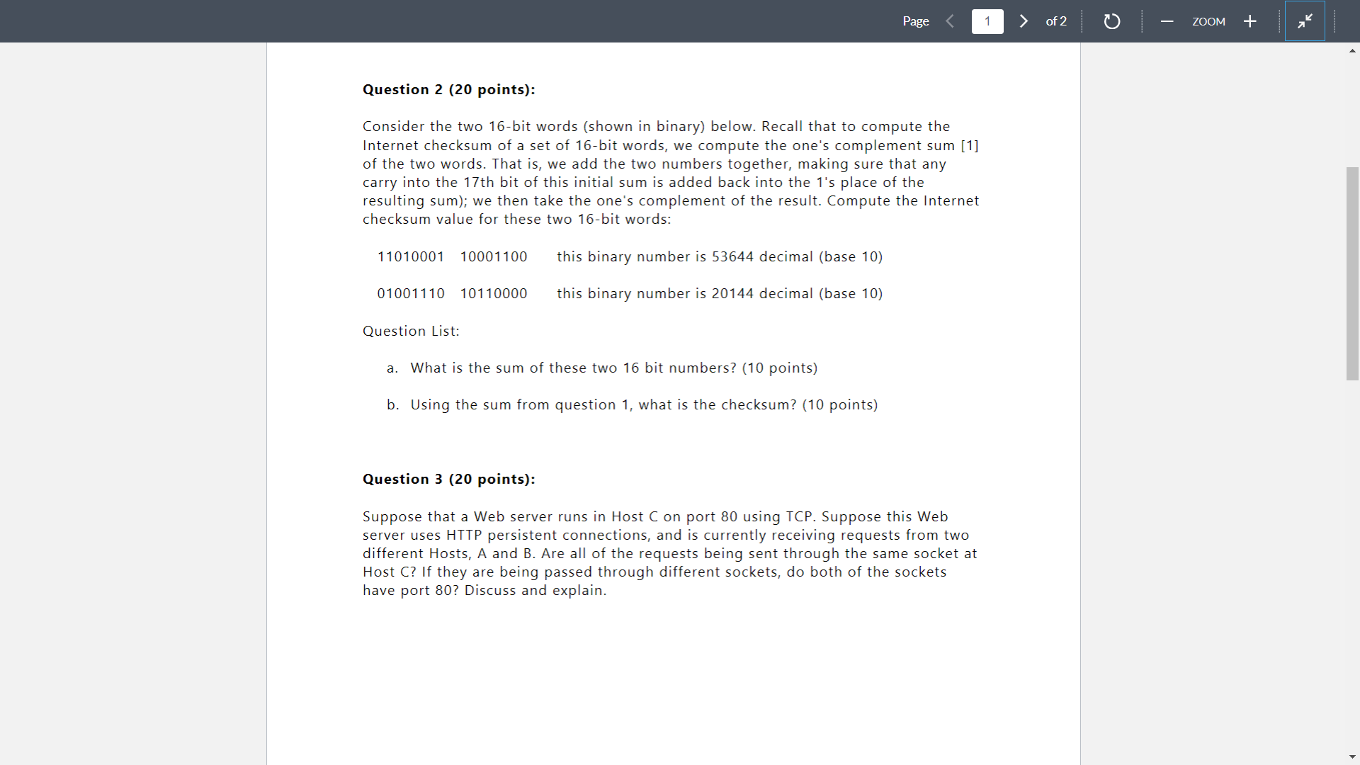 Solved Question 2 20 Points Consider The Two 16 bit Words Chegg