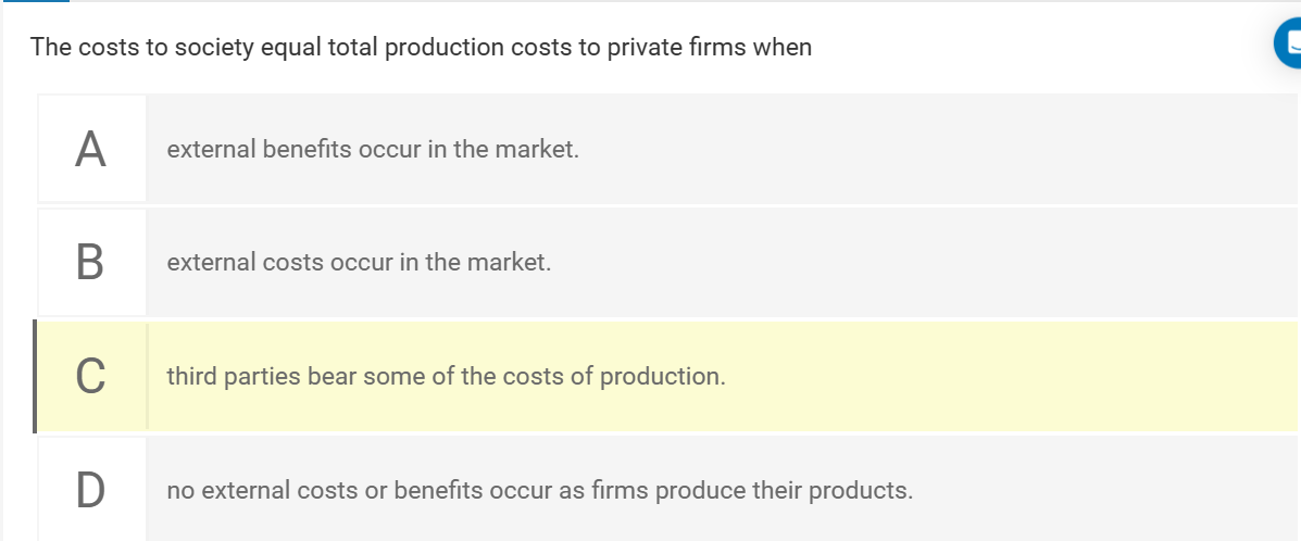 Solved The costs to society equal total production costs to | Chegg.com