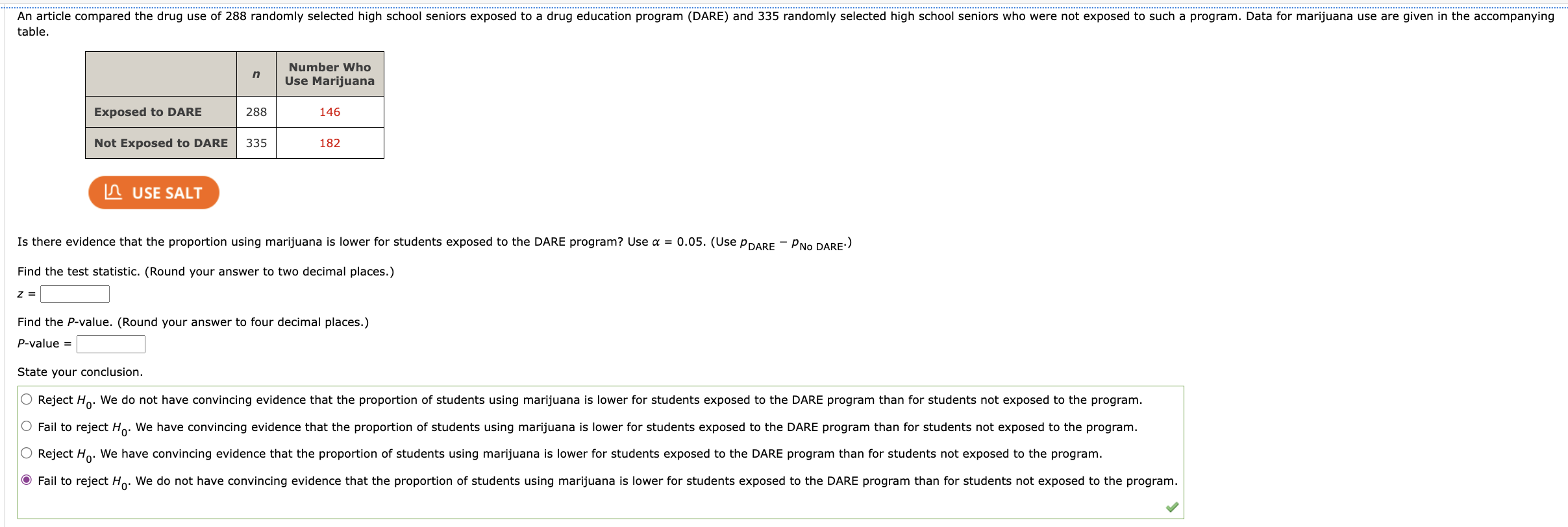 Solved Is there evidence that the proportion using marijuana | Chegg.com