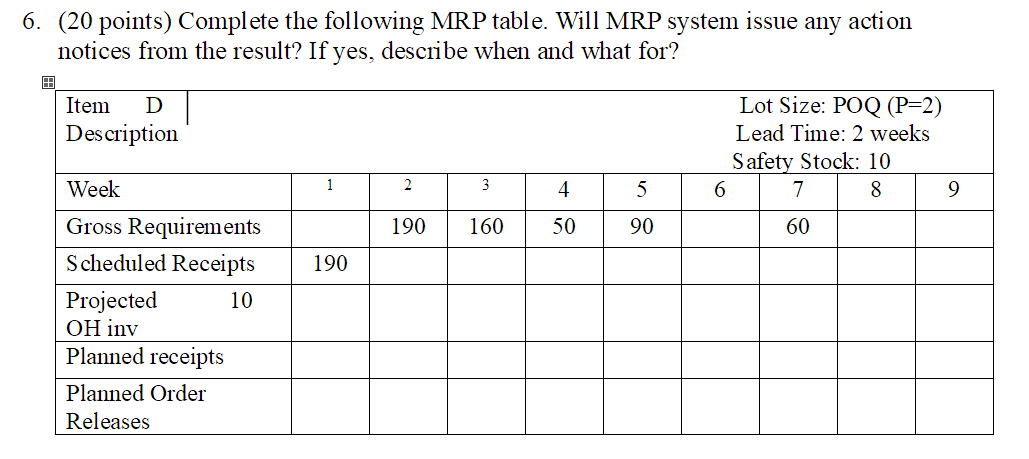 Solved 6. (20 points) Complete the following MRP table. Will | Chegg.com