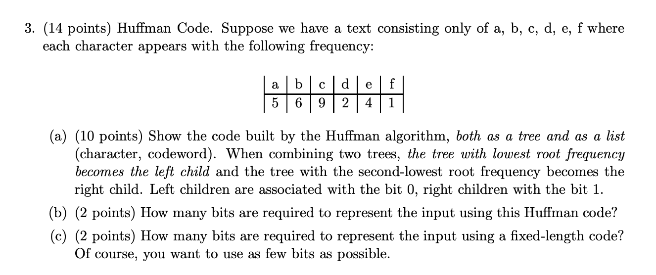 Solved 3. (14 points) Huffman Code. Suppose we have a text | Chegg.com