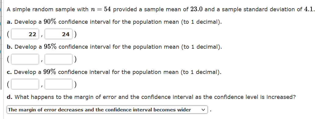 Solved A simple random sample with n=54 provided a sample | Chegg.com