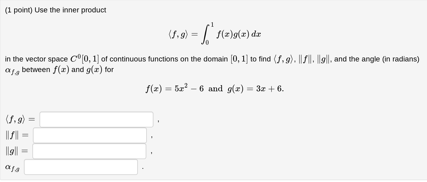 Solved (1 point) Use the inner product f,g =∫01f(x)g(x)dx | Chegg.com