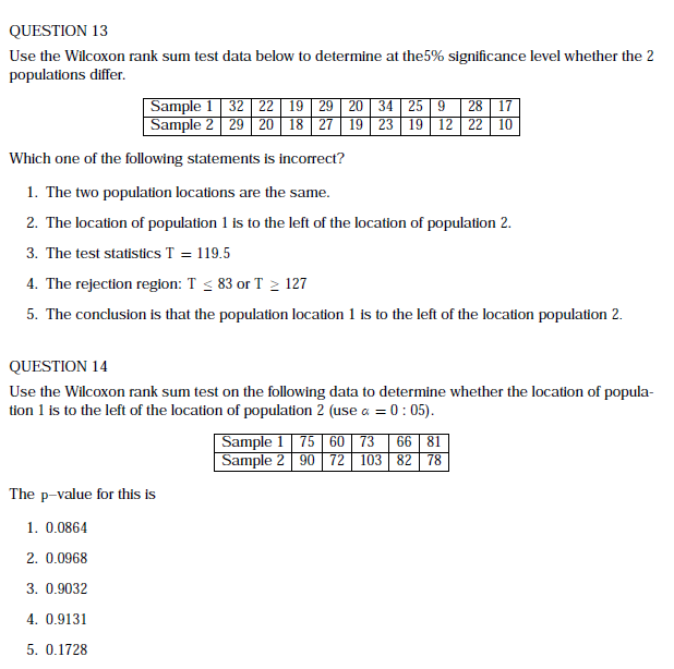 Solved QUESTION 13 Use the Wilcoxon rank sum test data below | Chegg.com