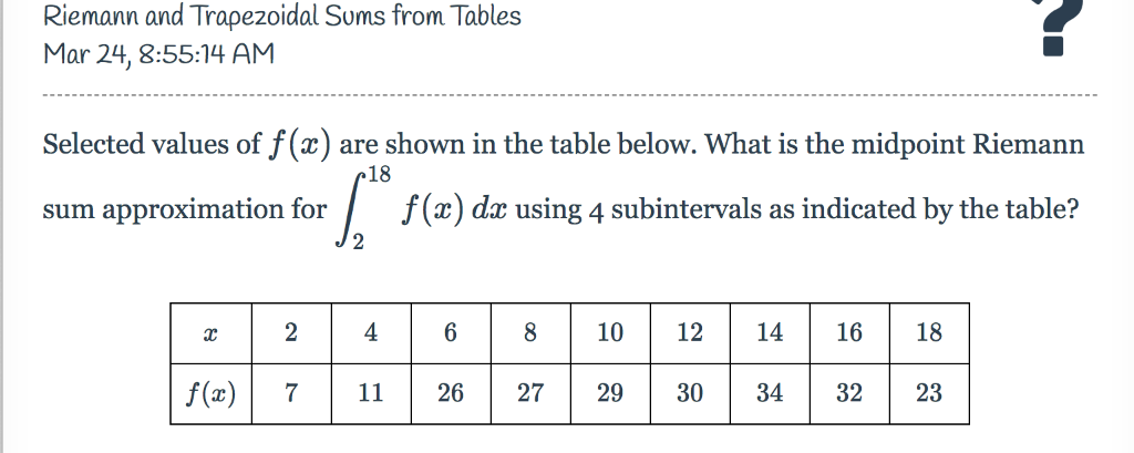 Solved Riemann and Trapezoidal Sums from Tables Mar 24, | Chegg.com