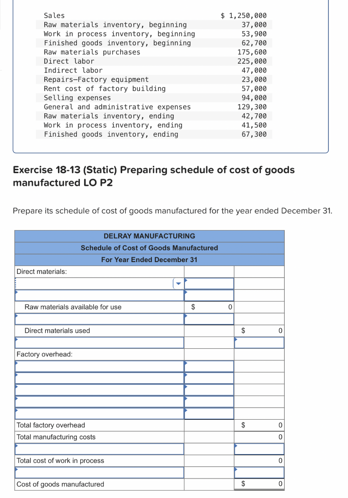 Solved Exercise 18-13 (Static) Preparing schedule of cost of | Chegg.com