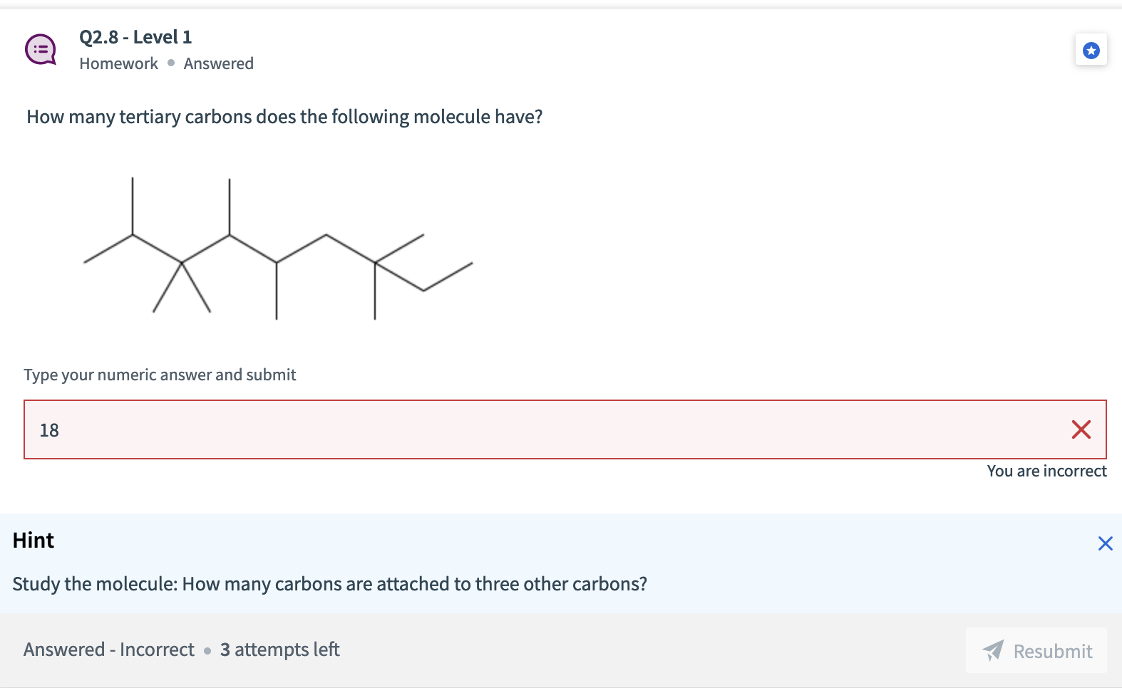 Solved How many tertiary carbons does the following molecule | Chegg.com