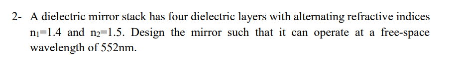 Solved 2- A dielectric mirror stack has four dielectric | Chegg.com