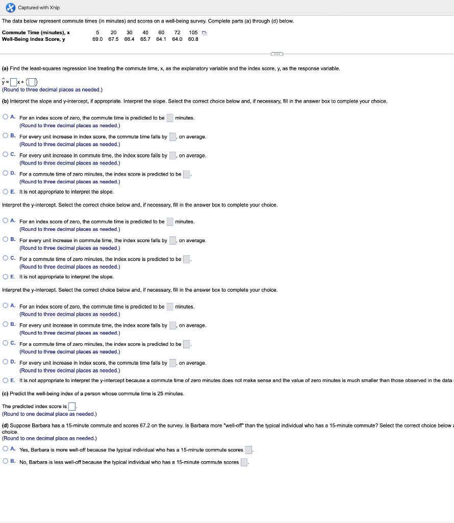 Solved Captured with Xnip The data below represent commute | Chegg.com