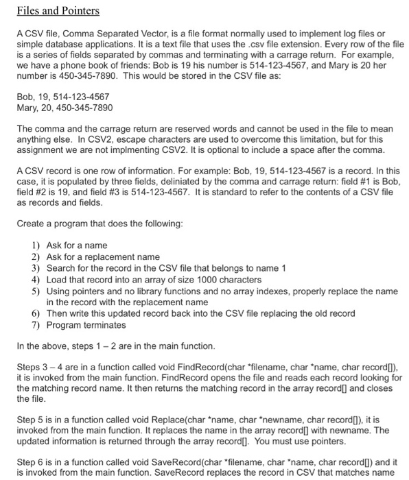 Solved Files and Pointe A CSV file, Comma Separated Vector, | Chegg.com