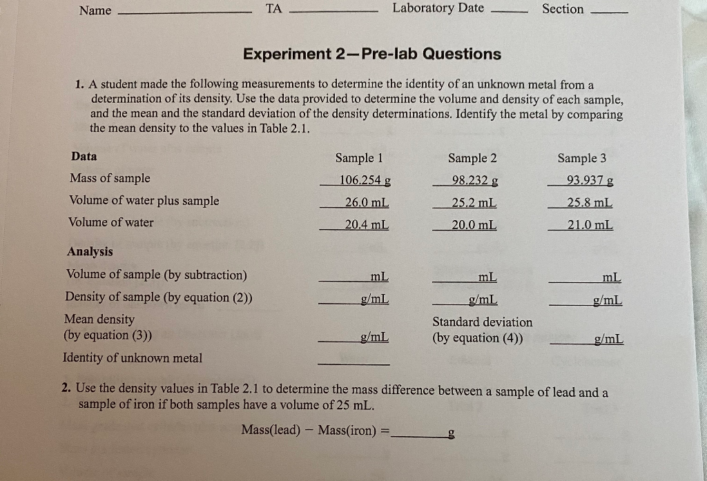 Name TA Laboratory Date - Section Experiment | Chegg.com