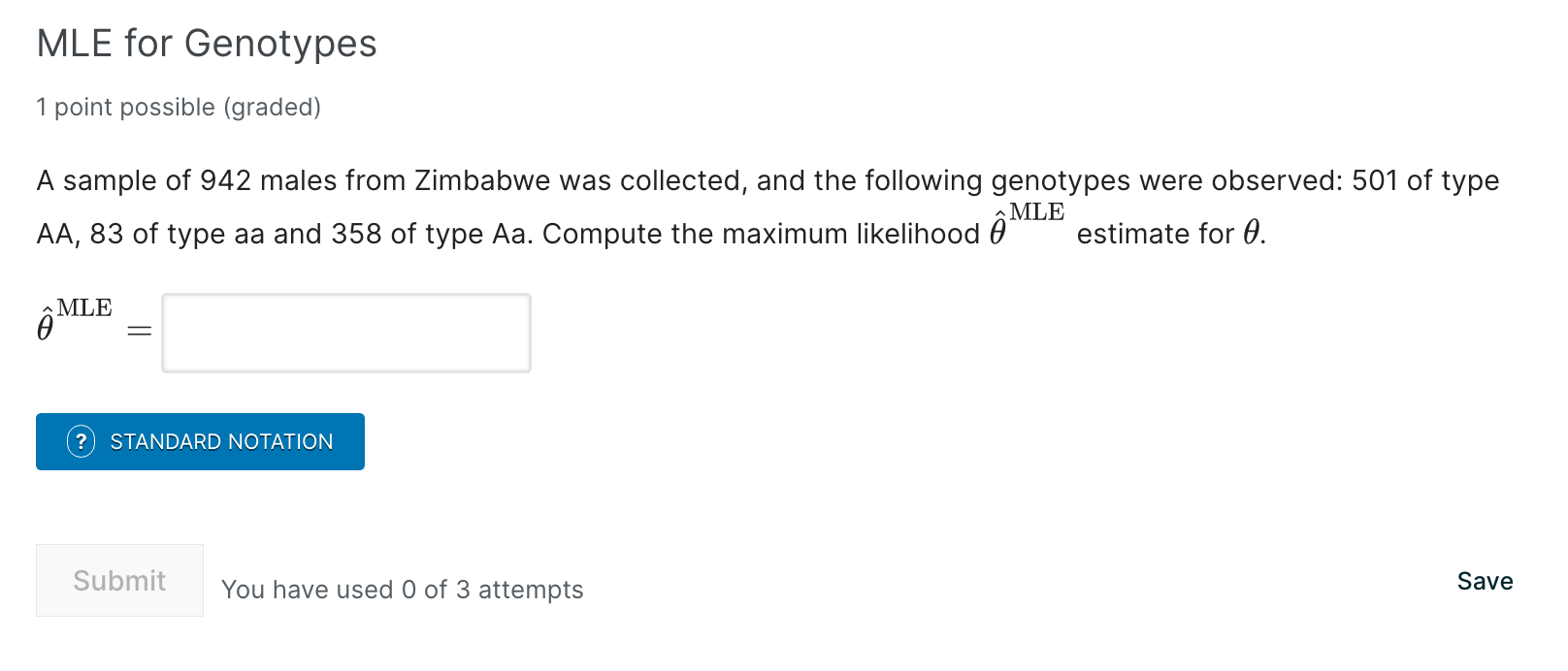 Solved MLE for Genotypes 1 point possible (graded) A sample | Chegg.com